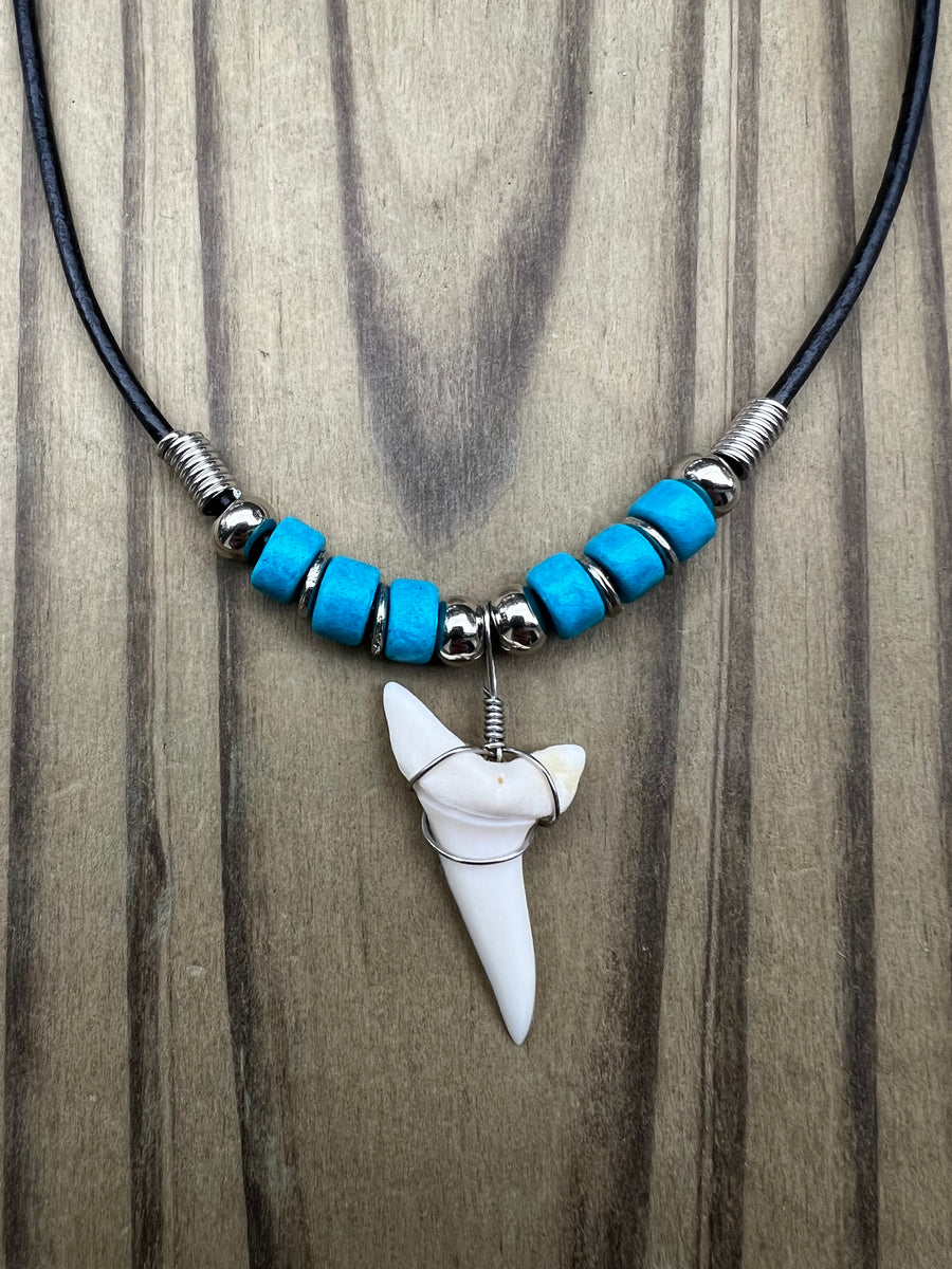White Shark Tooth Necklace With 3 Turquoise Bead Design – Real Shark ...