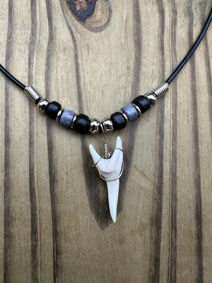 White Shark Tooth Necklace With Black and Gray Beads – Real Shark Tooth ...