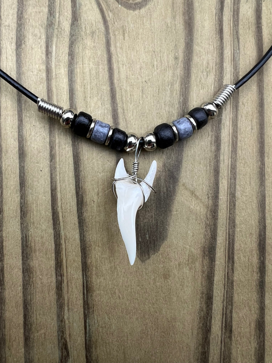 White Shark Tooth Necklace With Black and Gray Beads – Real Shark Tooth ...
