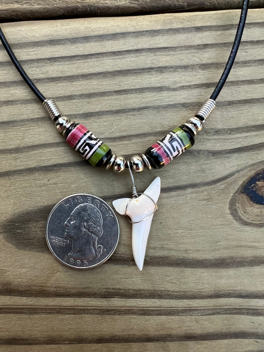White Mako Shark Tooth Necklace With Green and Pink Peruvian Ceramic B ...