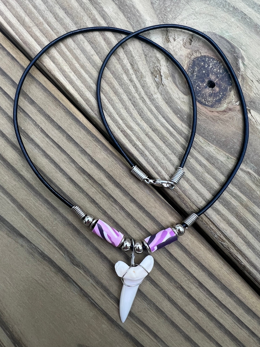 White Shark Tooth Necklace With Pink Femo Beads – Real Shark Tooth ...