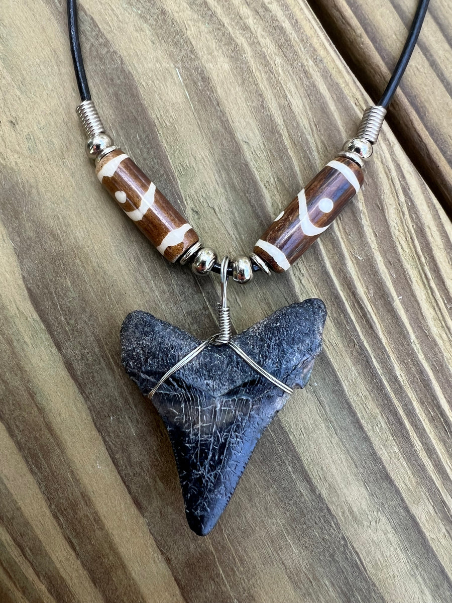 1 7/8 inch Fossilized Megalodon Shark Tooth Necklace featuring Brown B ...