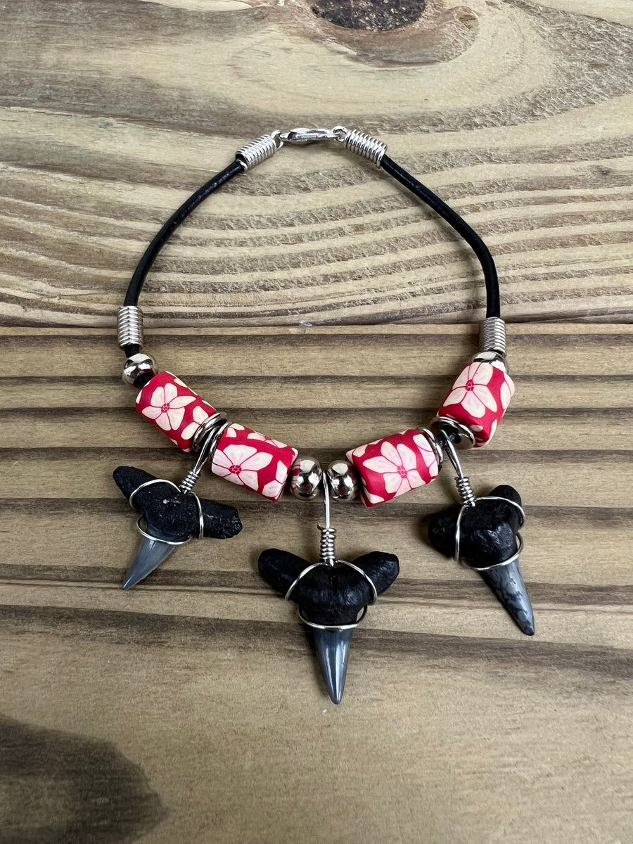 Shark Tooth Bracelet With 3 Shark Teeth and Flower Beads – Real Shark ...