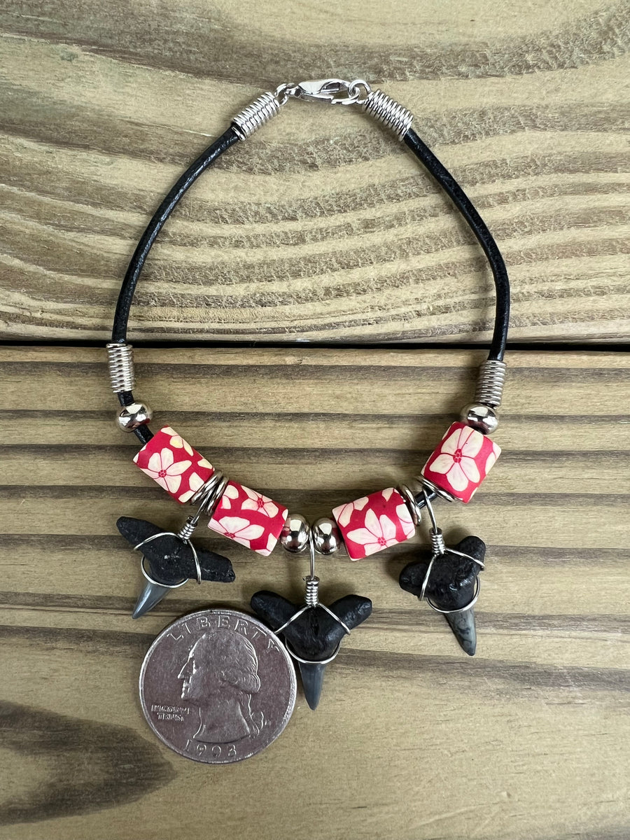 Shark Tooth Bracelet With 3 Shark Teeth and Flower Beads – Real Shark ...