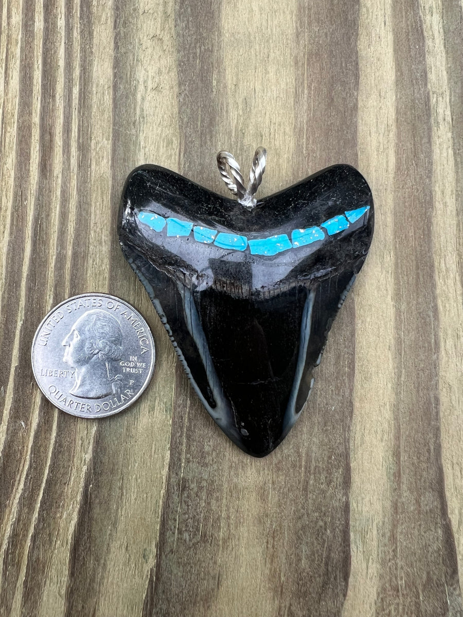 2 3/8 Inch Turquoise Gemstone Inlayed Megalodon Shark Tooth Pendant ...