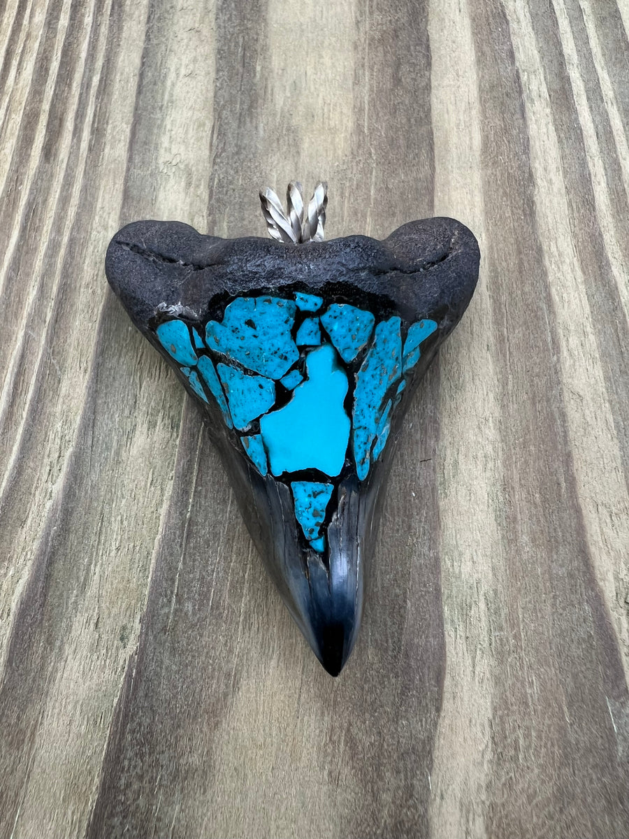 2 5/8 Inch Turquoise Gemstone Inlayed Megalodon Shark Tooth Pendant ...