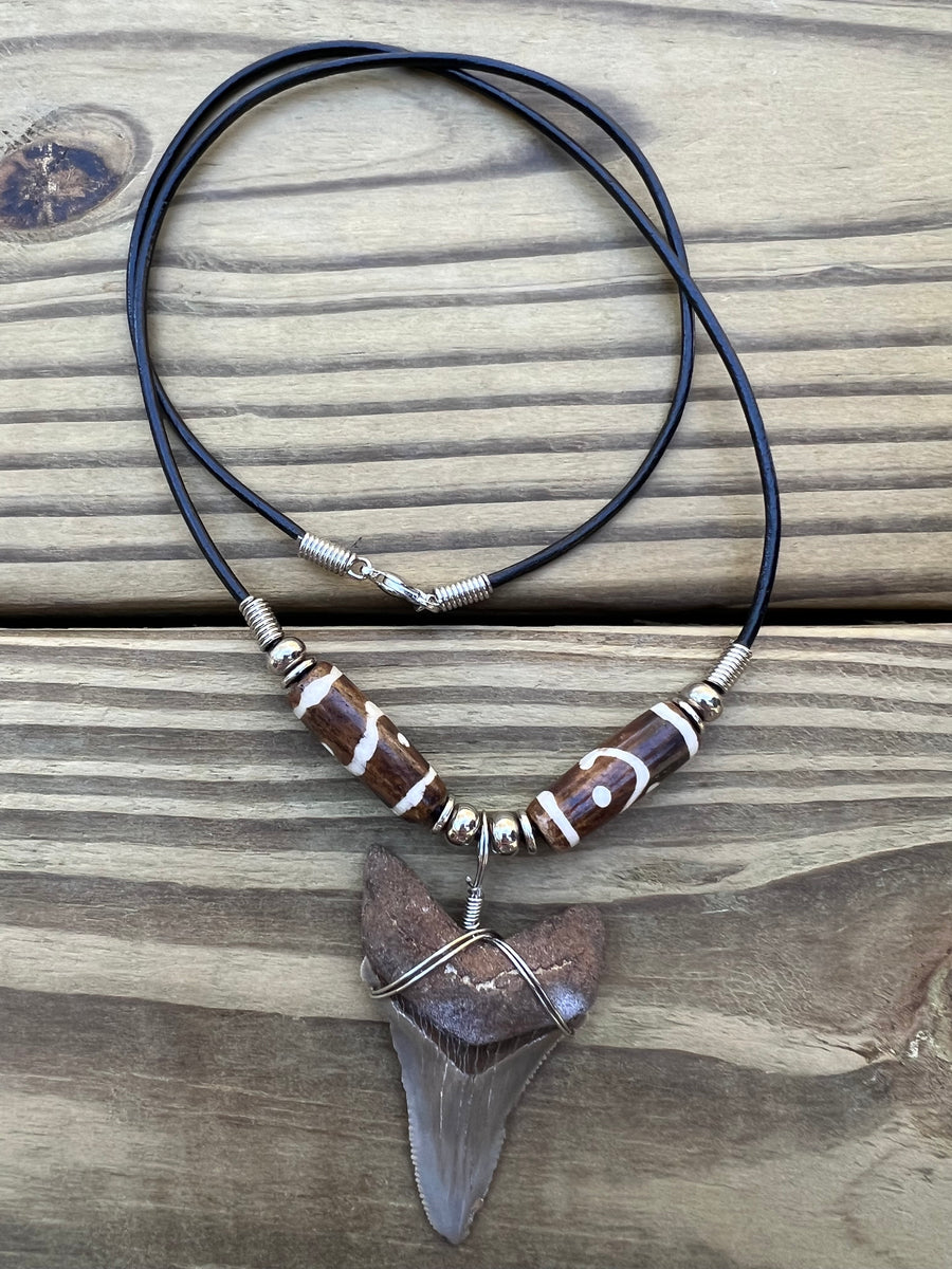 2 inch Fossil Angustiden Shark Tooth Necklace With Brown and White Bea ...
