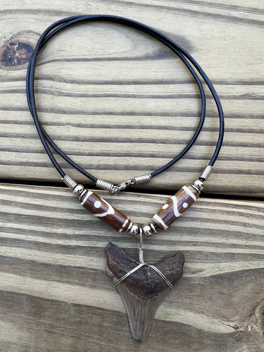 1 13/16 inch Fossil Angustiden Shark Tooth Necklace With Brown and Whi ...
