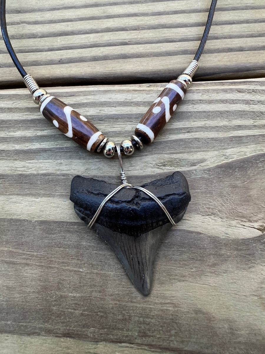 1 3/4 inch Fossil Megalodon Shark Tooth Necklace With Brown and White ...