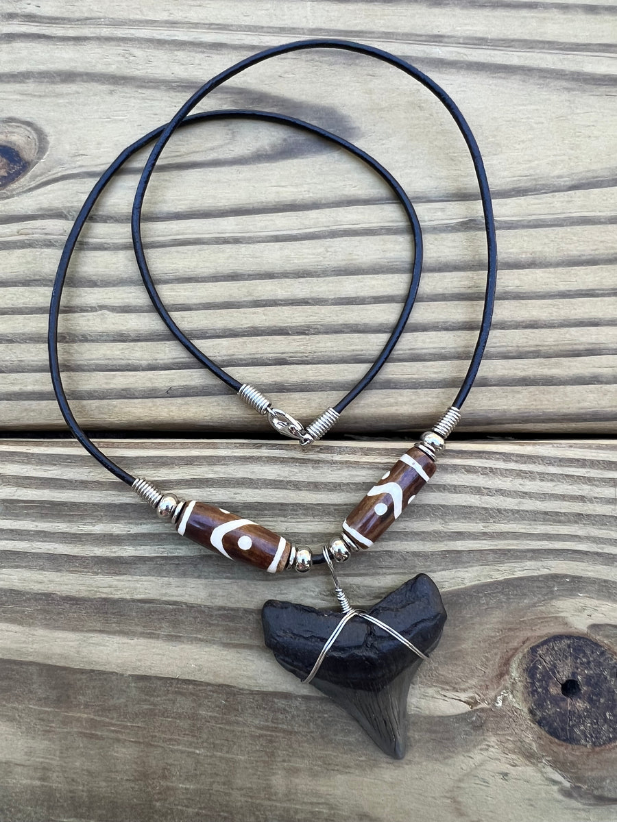 1 3/4 inch Fossil Megalodon Shark Tooth Necklace With Brown and White ...