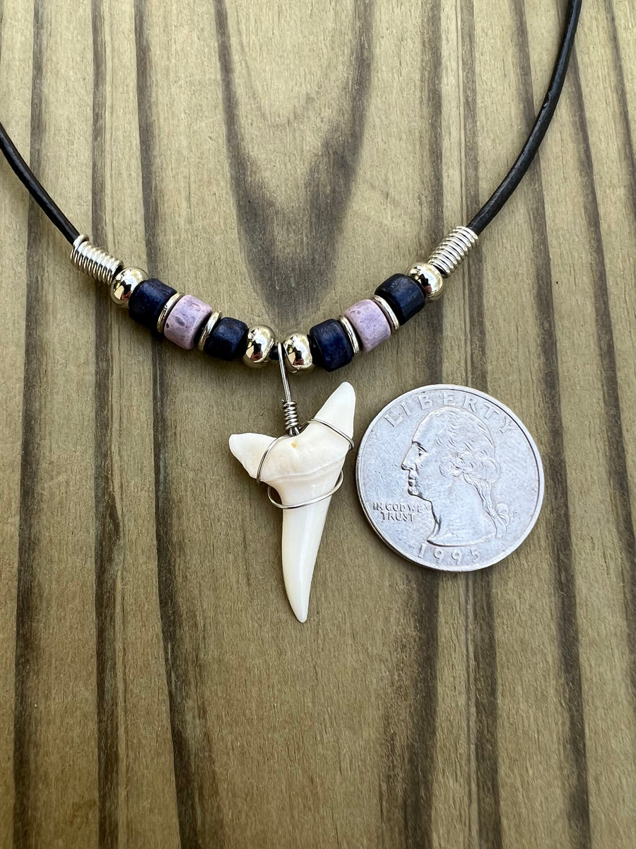 White Shark Tooth Necklace Dark Blue and Purple Beads – Real Shark ...