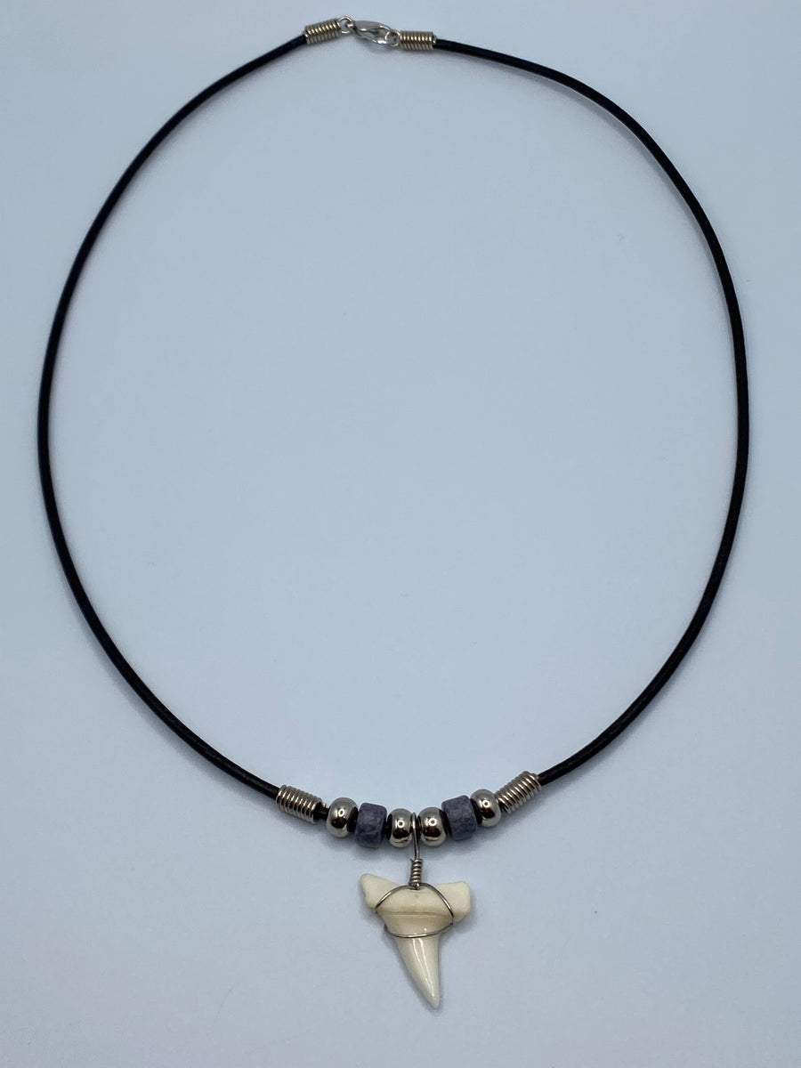 White Shark Tooth Necklace With Gray Beads – Real Shark Tooth Necklaces